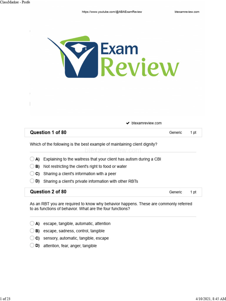 RBT Practice Exam: 80 Questions PDF | PDF | Reinforcement | Behavioural ...