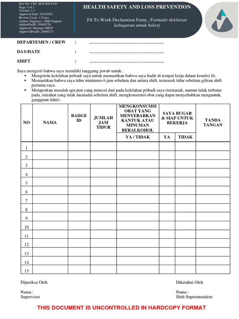Fit To Work Declaration Form | PDF
