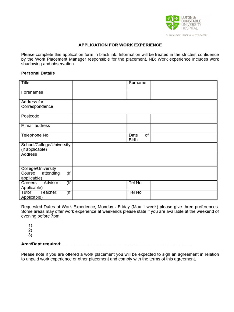 Application For Work Experience | PDF | Internship | Job Hunting