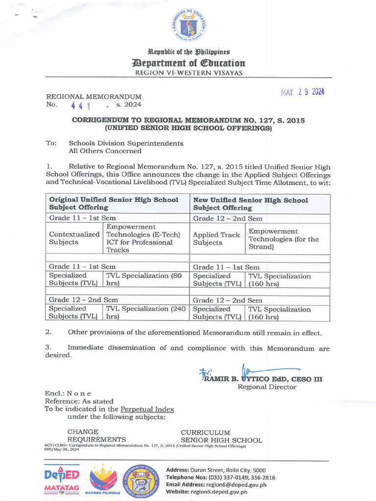 RM No. 441, S. 2024 - Corrigendum To Regional Memorandum No. 127, S ...