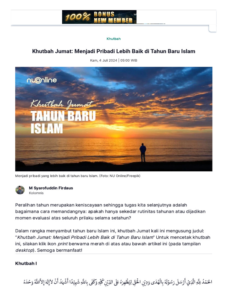 Khutbah Jumat - Menjadi Pribadi Lebih Baik Di Tahun Baru Islam | PDF