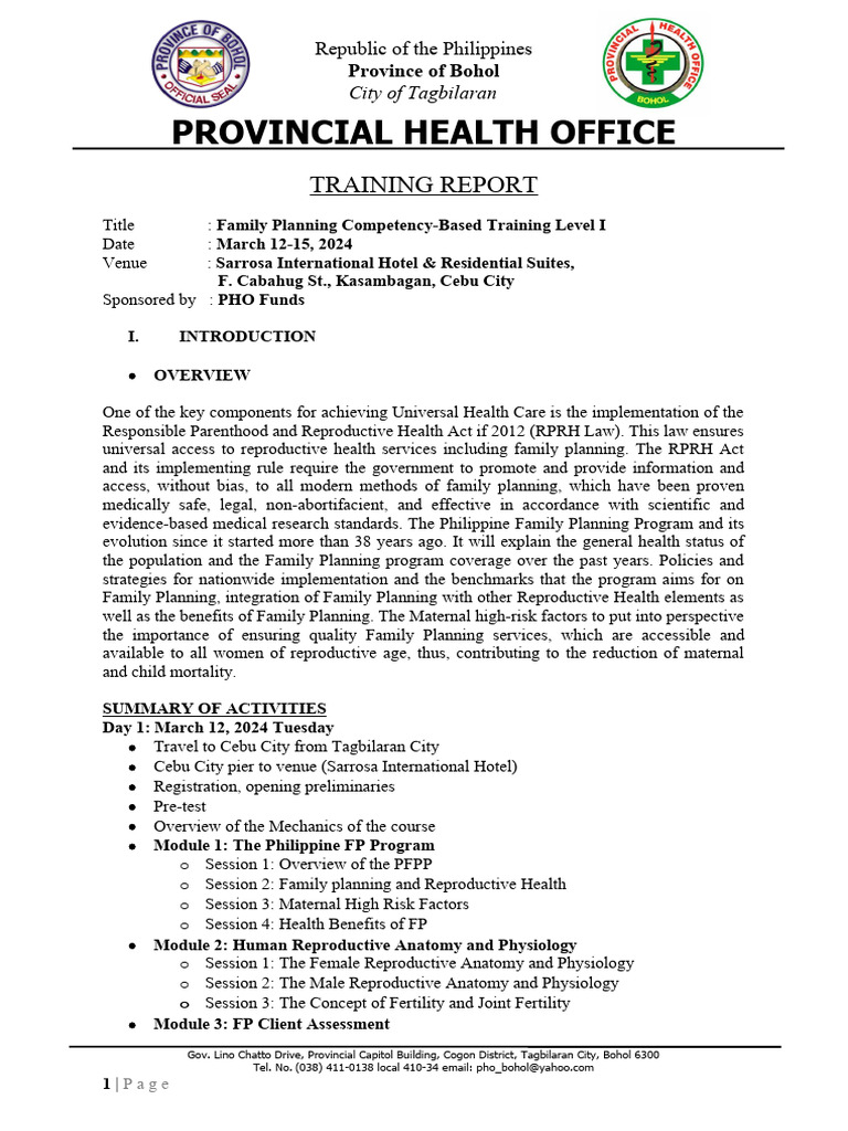 3-12-24 Training Report - Family Planning Competency-Based Training Basic Course 1 | PDF ...