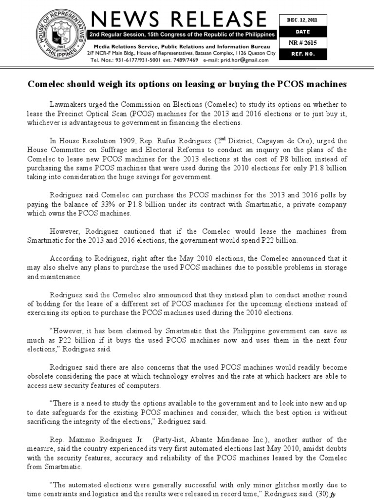 Dec 12 Comelec Should Weigh Its Options On Leasing or Buying The PCOS ...