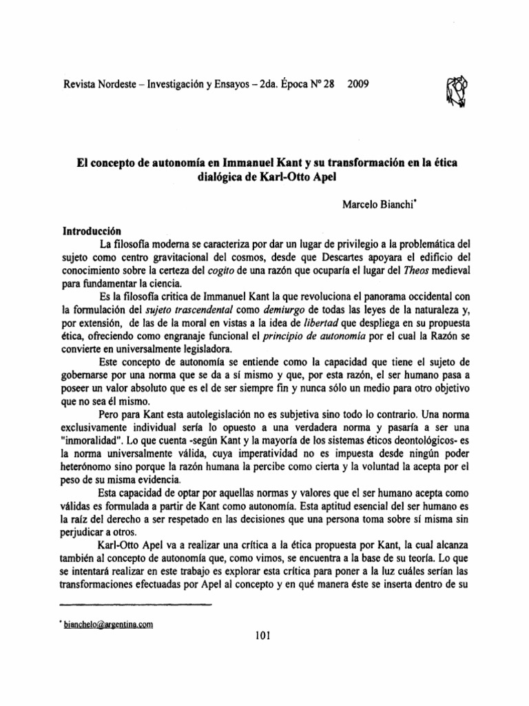 Autonomía en Kant y Apel: Ética Dialógica | PDF | Immanuel Kant | Autonomía