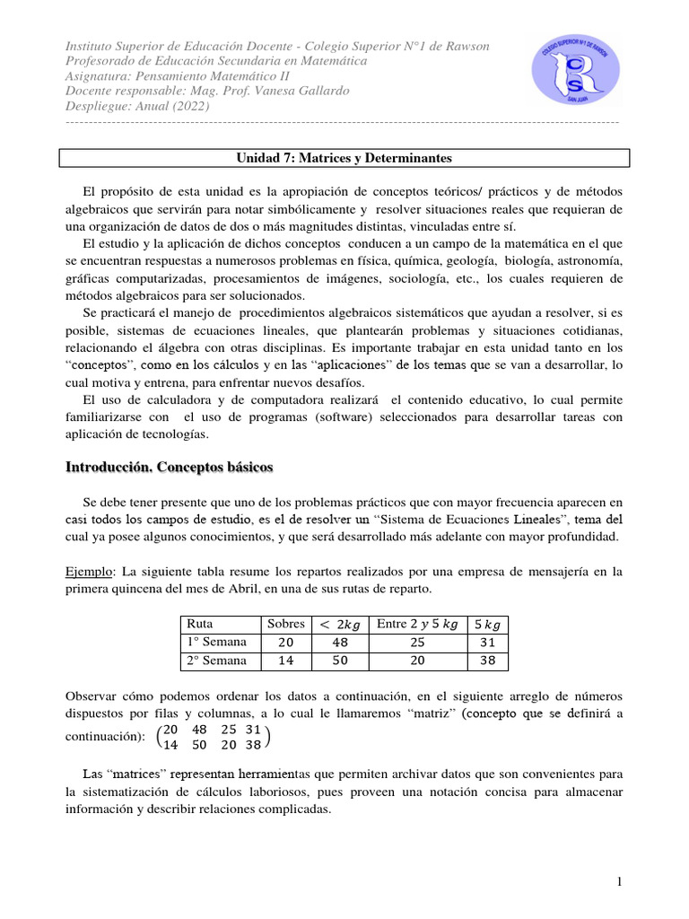 Unidad 7 y 8 - Matrices y Sistemas de Ecuaciones Lineales | PDF ...