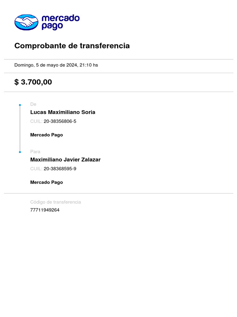 Mercadopago Comprobante 77711949264 | PDF | Finanzas y dinero