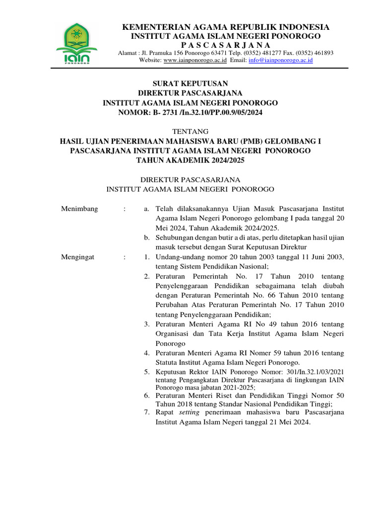 SK Kelulusan PMB Pascasarjana Gel I - 2024 Tahun 2024-2025 | PDF