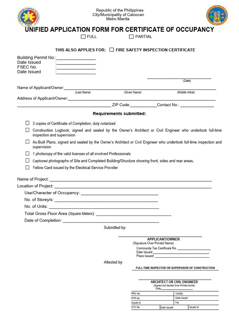 3 Unified Application Form for Certificate of Occupancy Dpwh | PDF