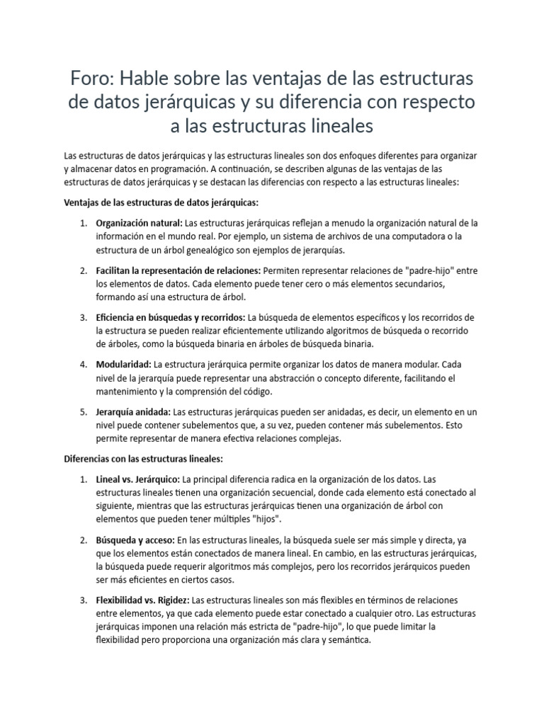 Foro, Hable Sobre Las Ventajas de Las Estructuras de Datos Jerárquicas ...