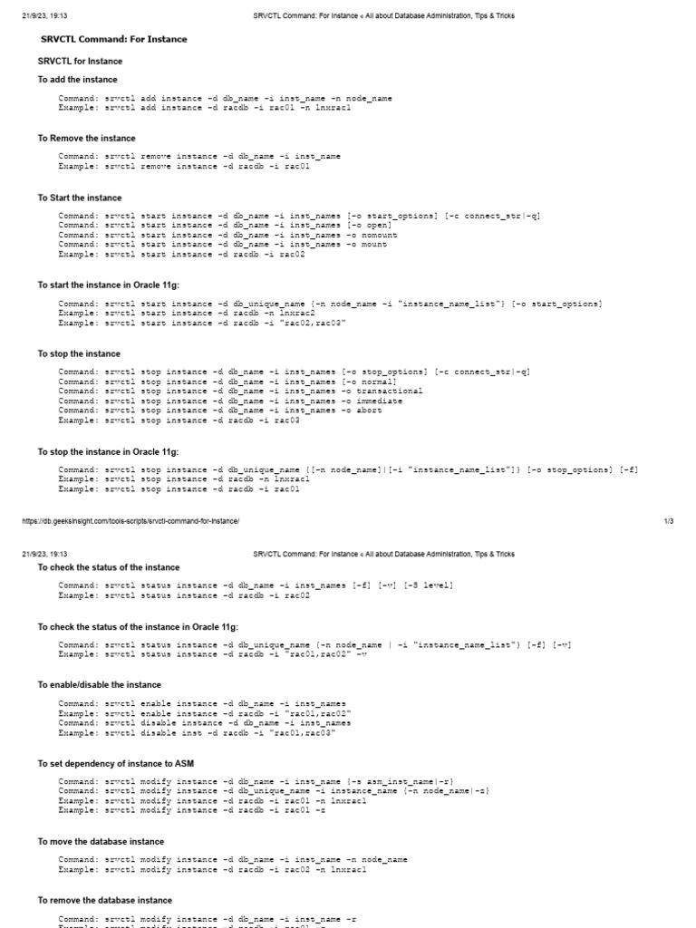 SRVCTL Command - For Instance All About Database Administration, Tips & Tricks | PDF | Databases ...