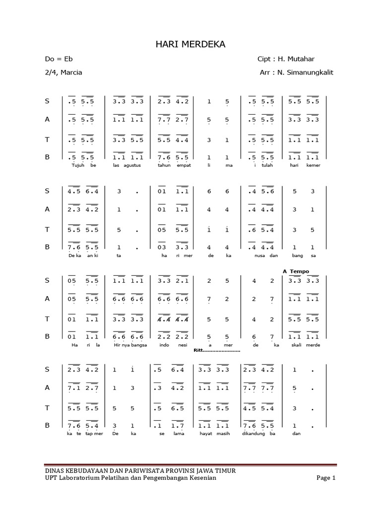 Partitur Lagu Hari Merdeka SATB | PDF