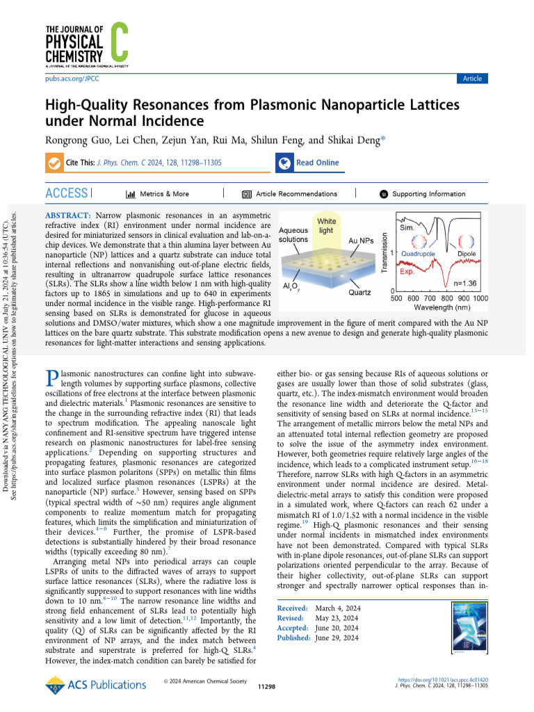 2024 - High-Quality Resonances From Plasmonic Nanoparticle Lattices Under Normal Incidence | PDF ...