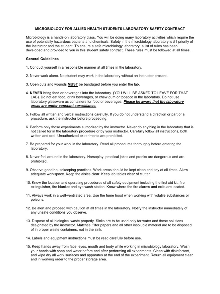 4-Appendix Laboratory Safety Contract (Microbiology) | PDF ...