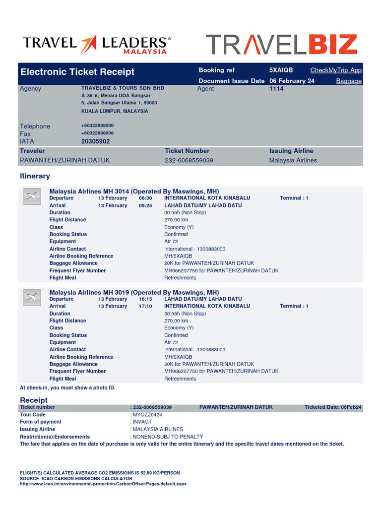 5xaiqb Zurinah - Maswings Your Electronic Ticket Receipt | PDF ...