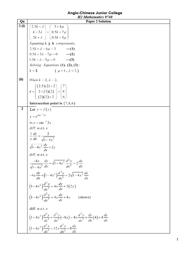 ACJC JC2 H2 Maths 2012 Year End Exam Solutions Paper 2 | PDF | Linear ...