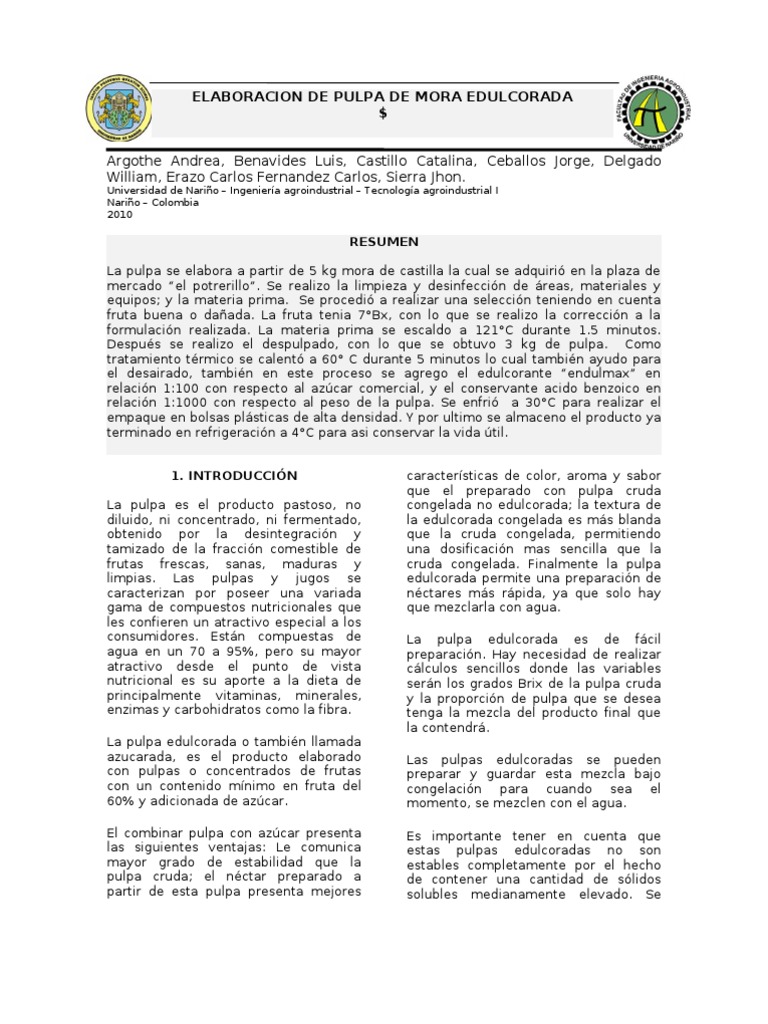 Elaboracion de Pulpa de Mora Edulcorada | PDF | Agua | Química