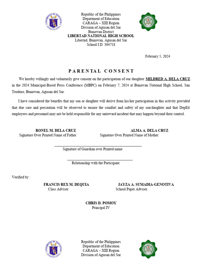 Parents Consent MBPC | PDF | Philippines | Social Institutions