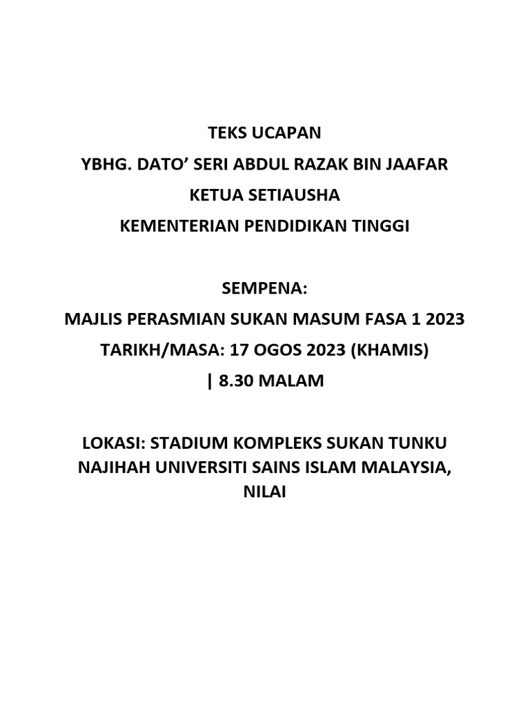 KSU - Teks Ucapan Bersama Majlis Perasmian Sukan MASUM Fasa 1 2023 ...