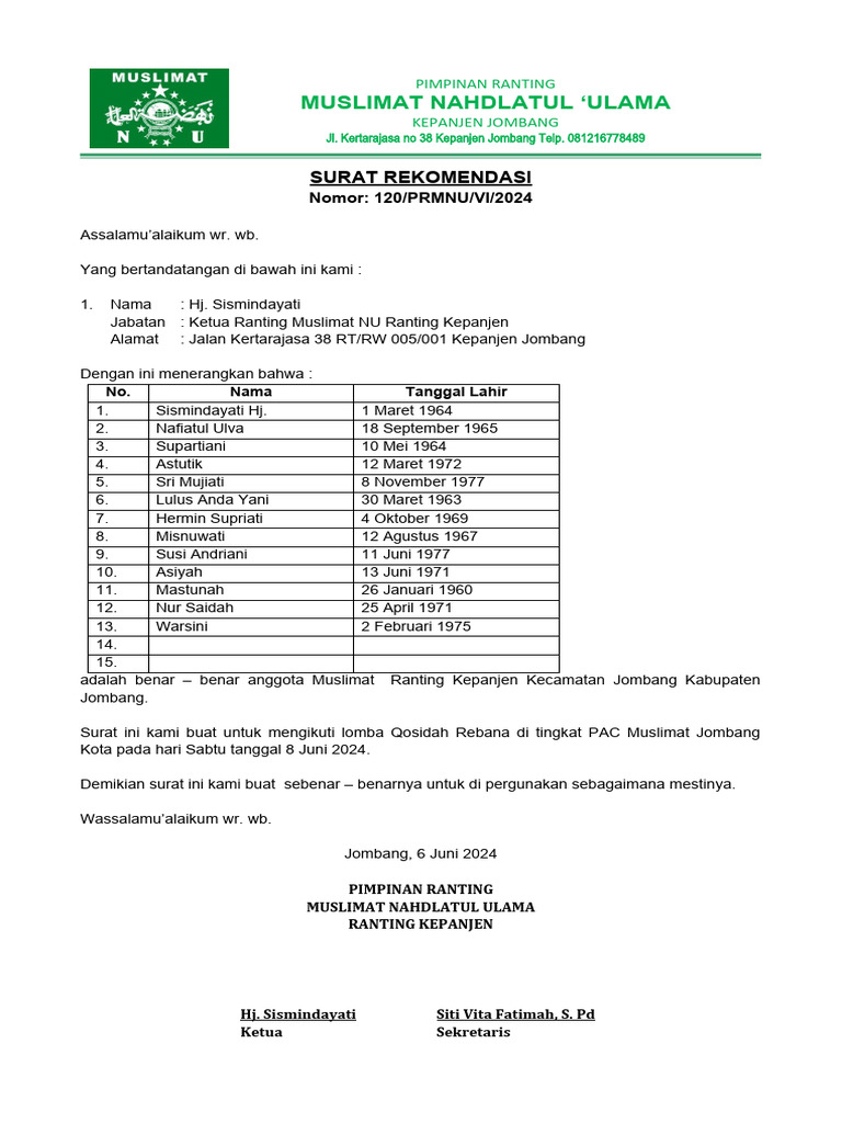 Surat Rekom - Lomba REBANA | PDF