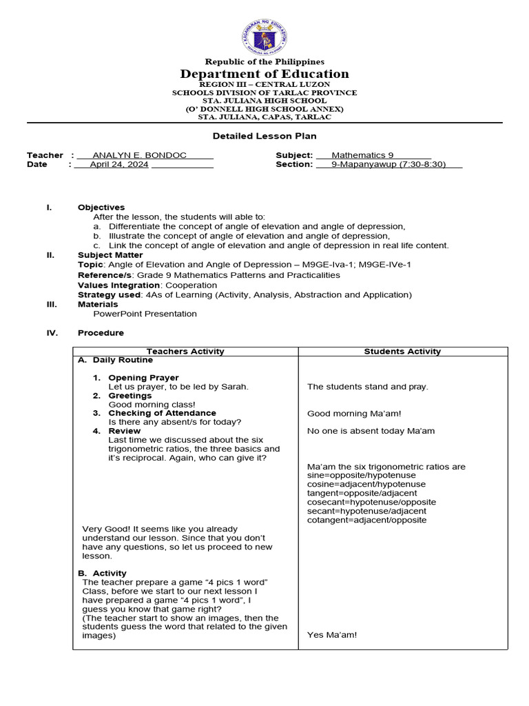 Detailed Lesson Plan - Angle of Elevation and Angle of Depression | PDF ...