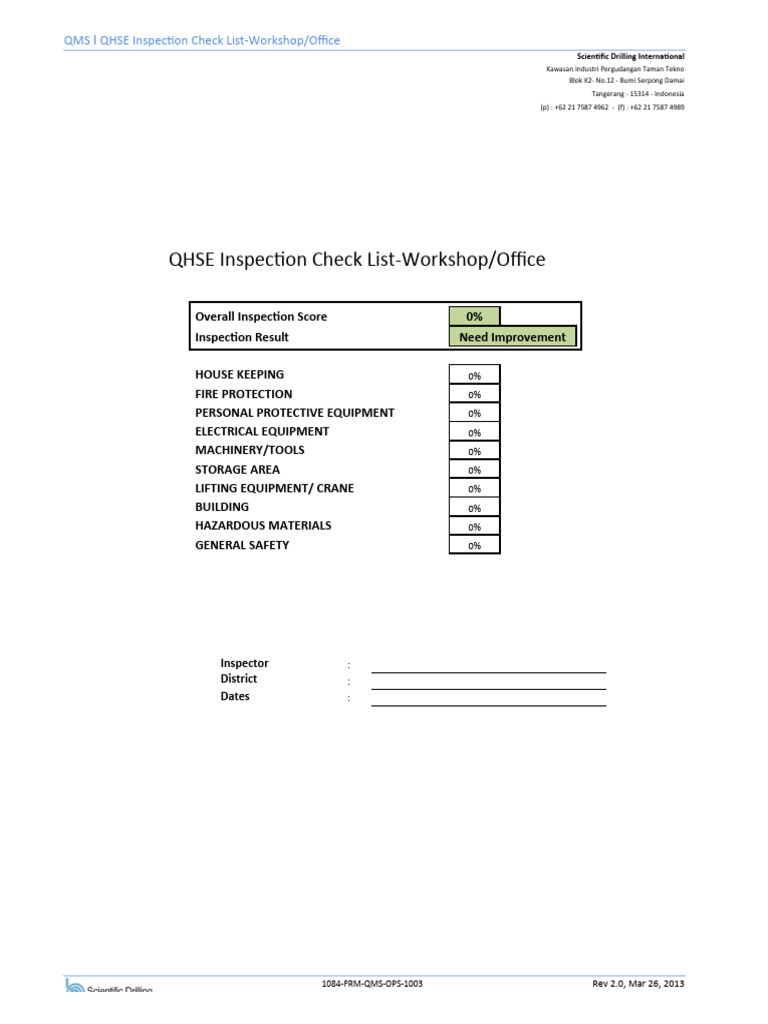 1084 FRM QMS OPS 1003 - QHSE Inspection Check List - Workshop Office | PDF | Personal Protective ...