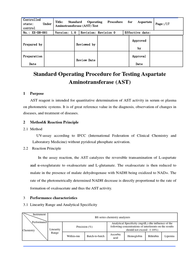Standard Operating Procedure For Testing Aspartate Aminotransferase ...