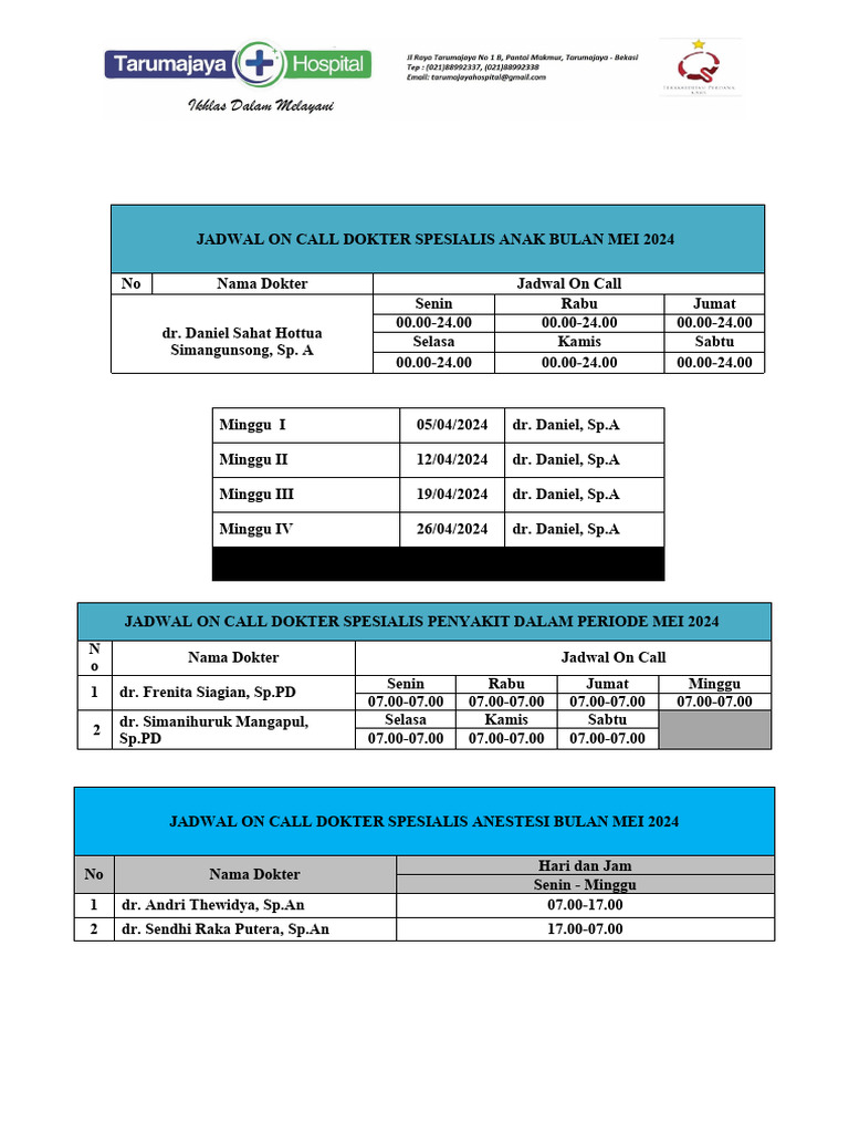 Jadwal On Call Dokter Mei 2024 | PDF