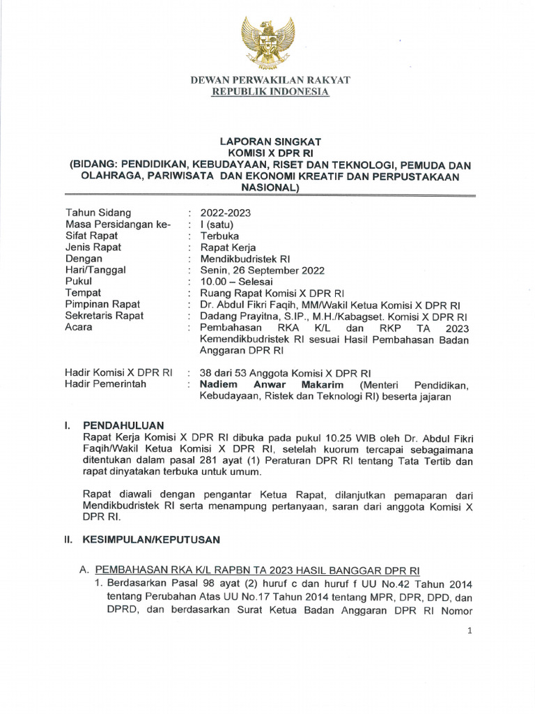 Laporan Singkat Komisi X DPR DG Kemendiknas TTG RAK K L 2023 | PDF