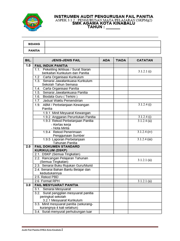 INSTRUMEN AUDIT PEMANTAUAN FAIL PANITia | PDF