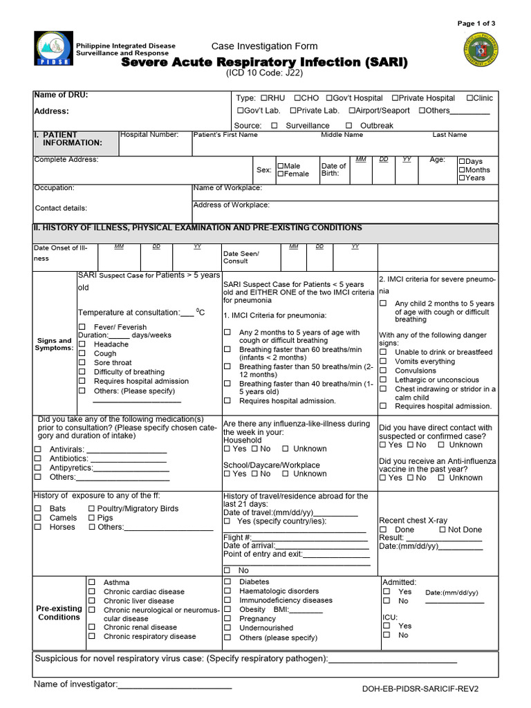 PIDSR SARI-CIF-2015-Blank | PDF | Respiratory Diseases | Infection