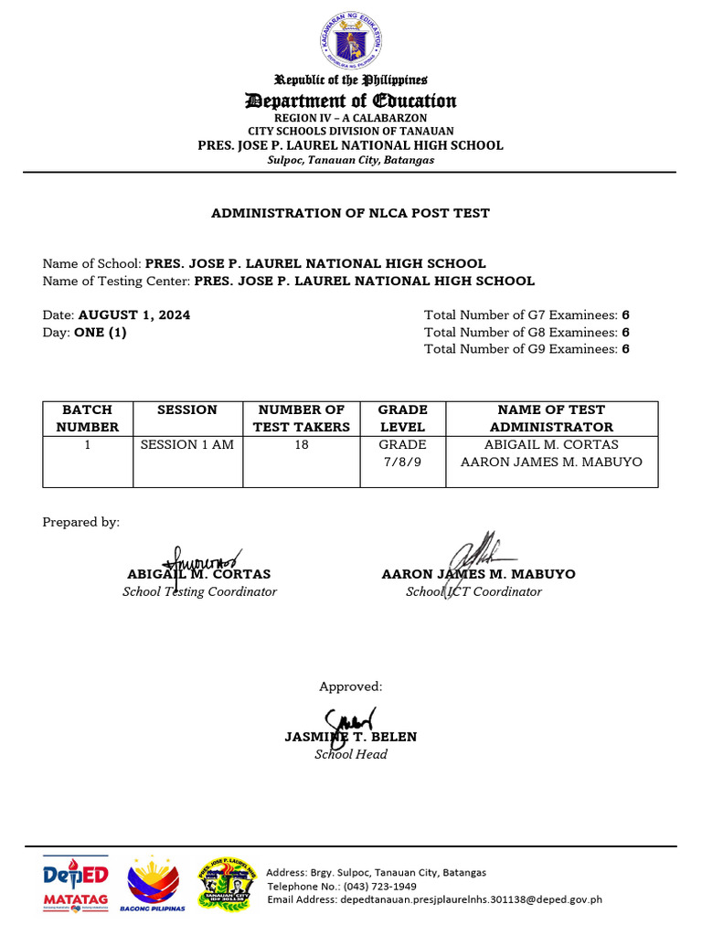 PJPLNHS - Nlca - Post Test Schedule | PDF | Philippines