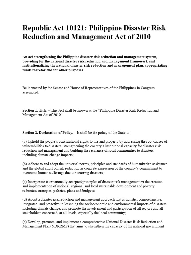 Republic Act 10121 | Download Free PDF | Disaster Risk Reduction ...