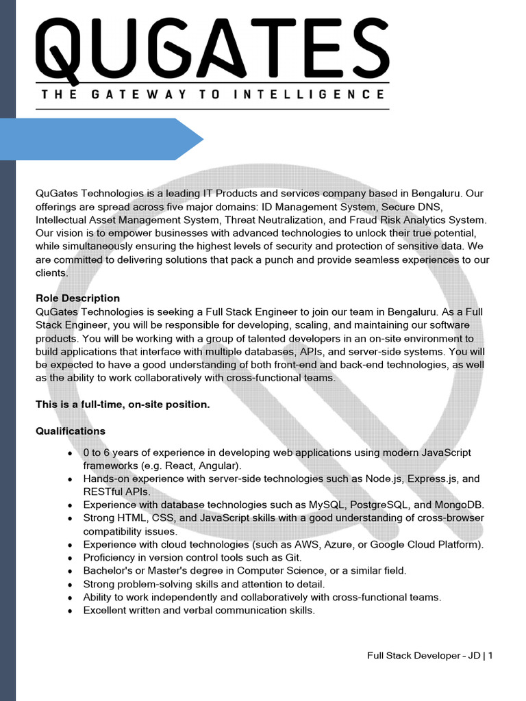 Full Stack Developer - JD (QuGates Technologies) | PDF | Cloud ...