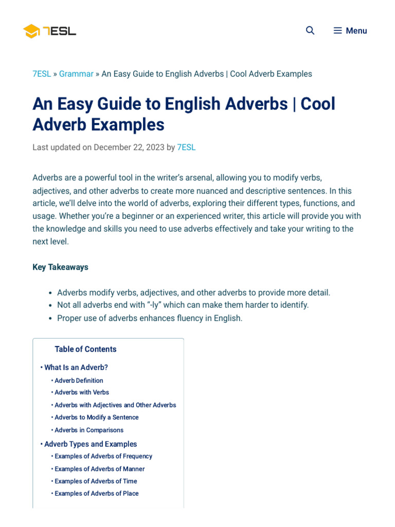 An Easy Guide To English Adverbs - Cool Adverb Examples - 7ESL | PDF | Adverb | Adjective