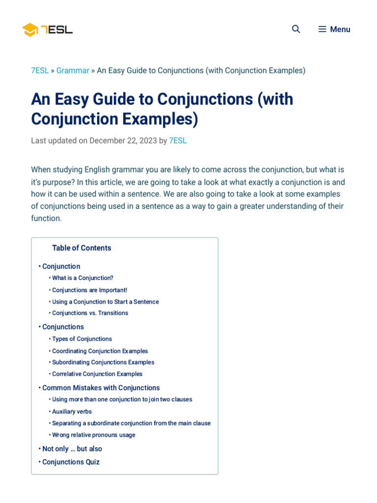 An Easy Guide To Conjunctions (With Conjunction Examples) - 7ESL | PDF | English Grammar ...