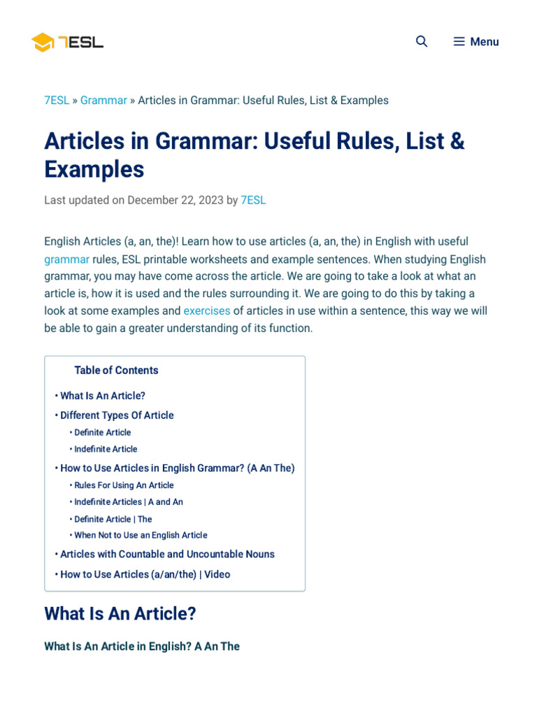 Articles in Grammar_ Useful Rules, List & Examples • 7ESL | PDF | Noun | Part Of Speech