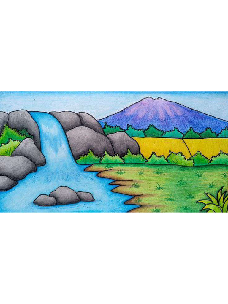 Menggambar Pemandangan Gunung Dan Air Terjun Belajar Menggambar Dan
