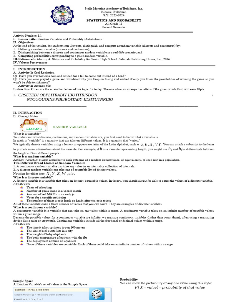 Stat Lesson 1 | PDF | Probability Distribution | Random Variable