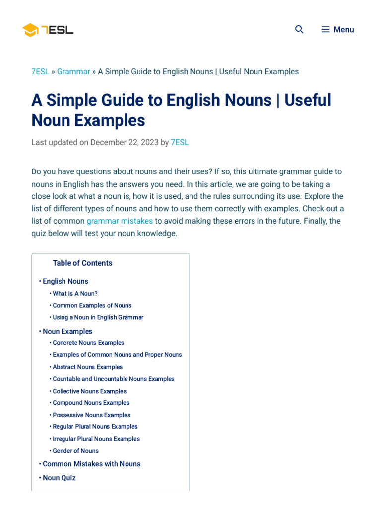 A Simple Guide To English Nouns - Useful Noun Examples - 7ESL | PDF ...