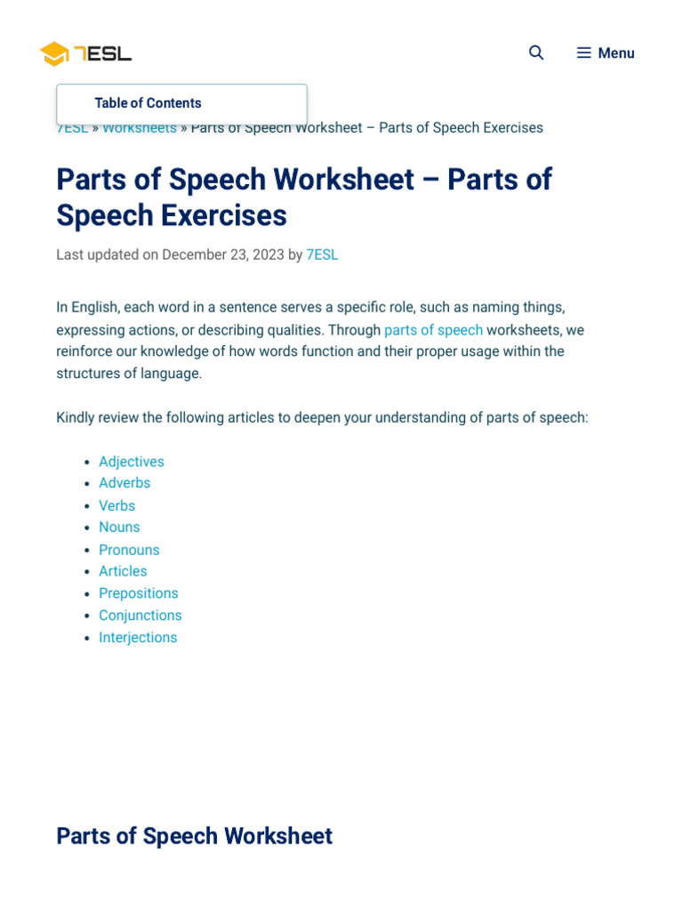 Parts of Speech Worksheet - Parts of Speech Exercises - 7ESL | PDF | Verb | Adverb