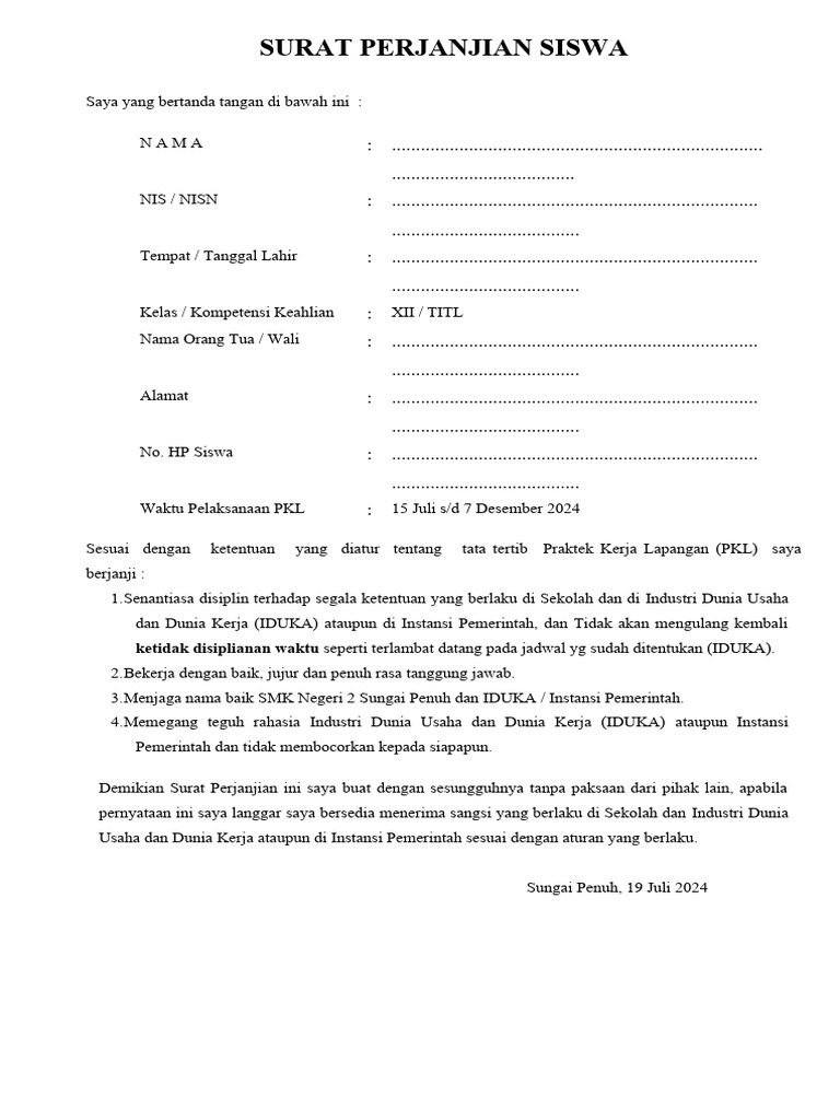 Surat Perjanjian Siswa | PDF