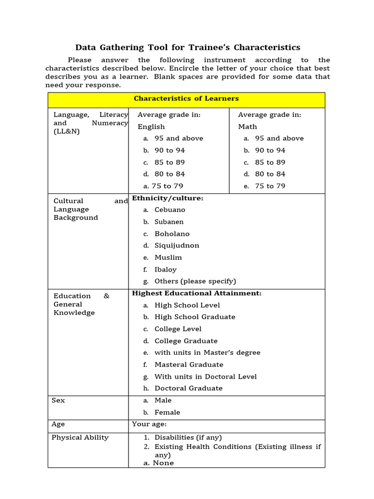 Data Gathering Tool For Trainees Characteristics | PDF | Learning ...