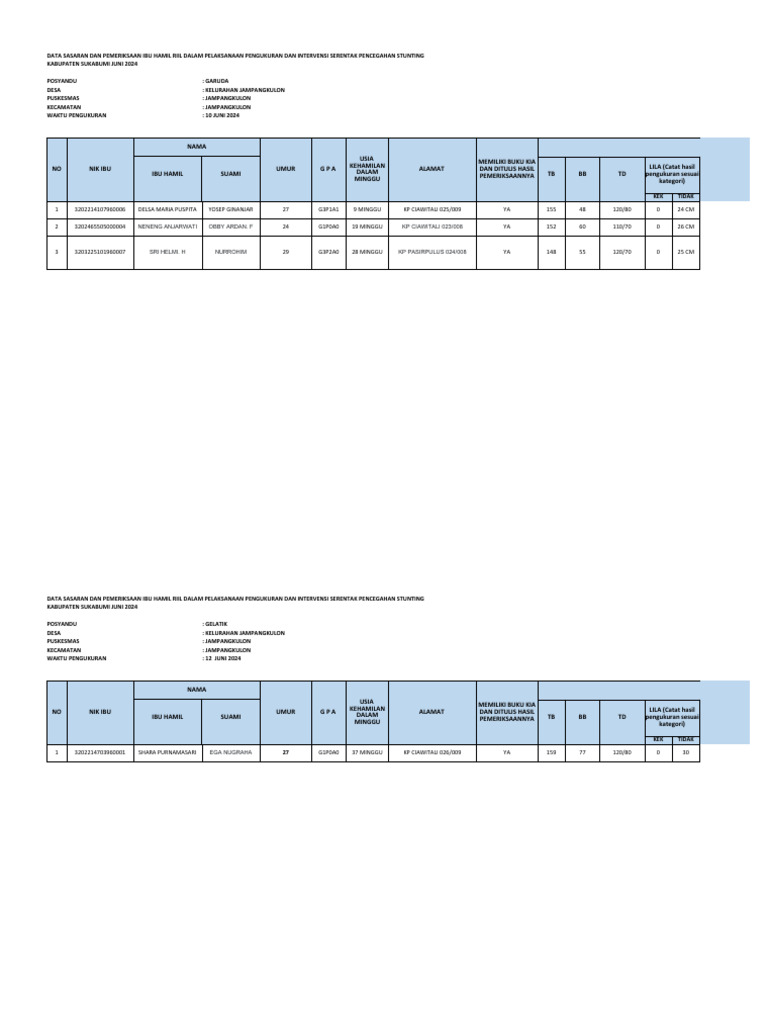 Sasaran Bumil Sesaat Bulan Juni 2024 | PDF