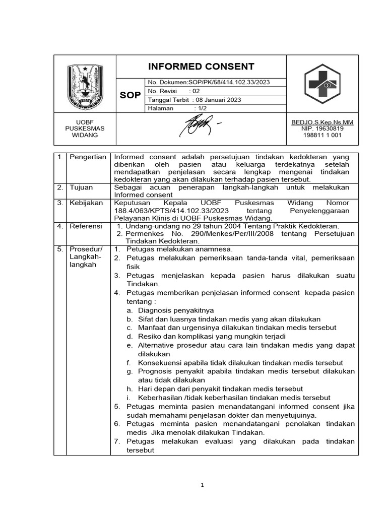 Sop Informed Consent 2023 PKM Widang | PDF
