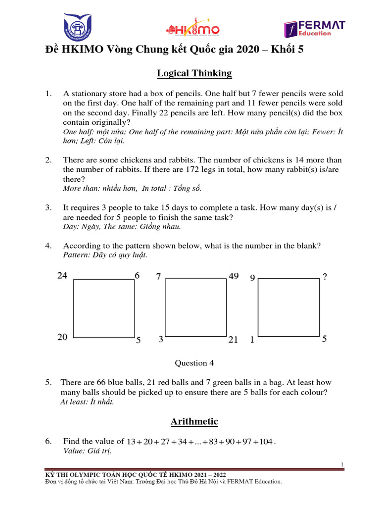 Đề ôn luyện HKIMO Vòng CKQG Khối 5 | PDF