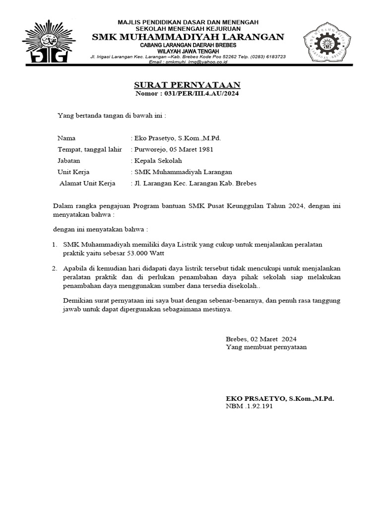 Surat Pernyataan Daya Listrik Bermaterai | PDF