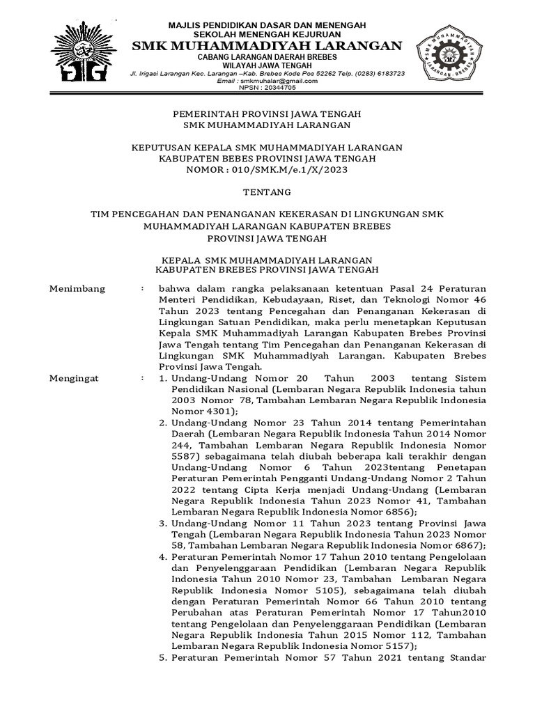 SK Tim Pencegahan Dan Penanganan Kekerasan Di Lingkungan SMK | PDF