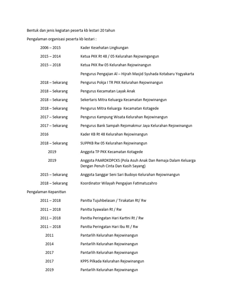 Bentuk Dan Jenis Kegiatan Peserta KB Lestari 20 Tahun | PDF