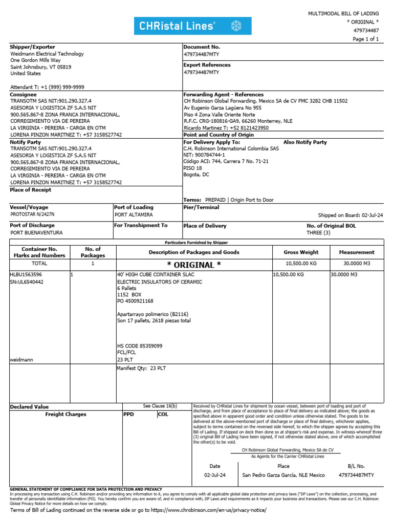 Intl House - Bill of Lading (Original) | PDF | Cargo | Bill Of Lading