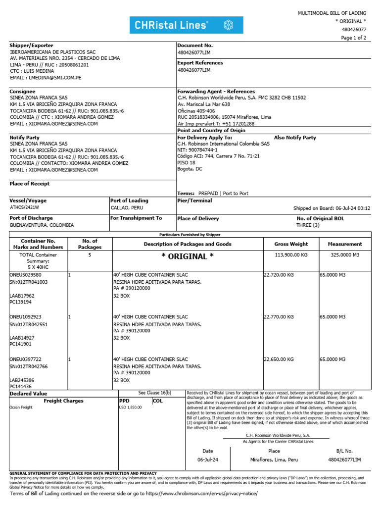 Multimodal Bill of Lading Summary | PDF | Cargo | Bill Of Lading